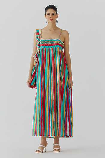 Buy Multi Color 100% Cotton Print Stripe Straight Birch Strappy Dress ...