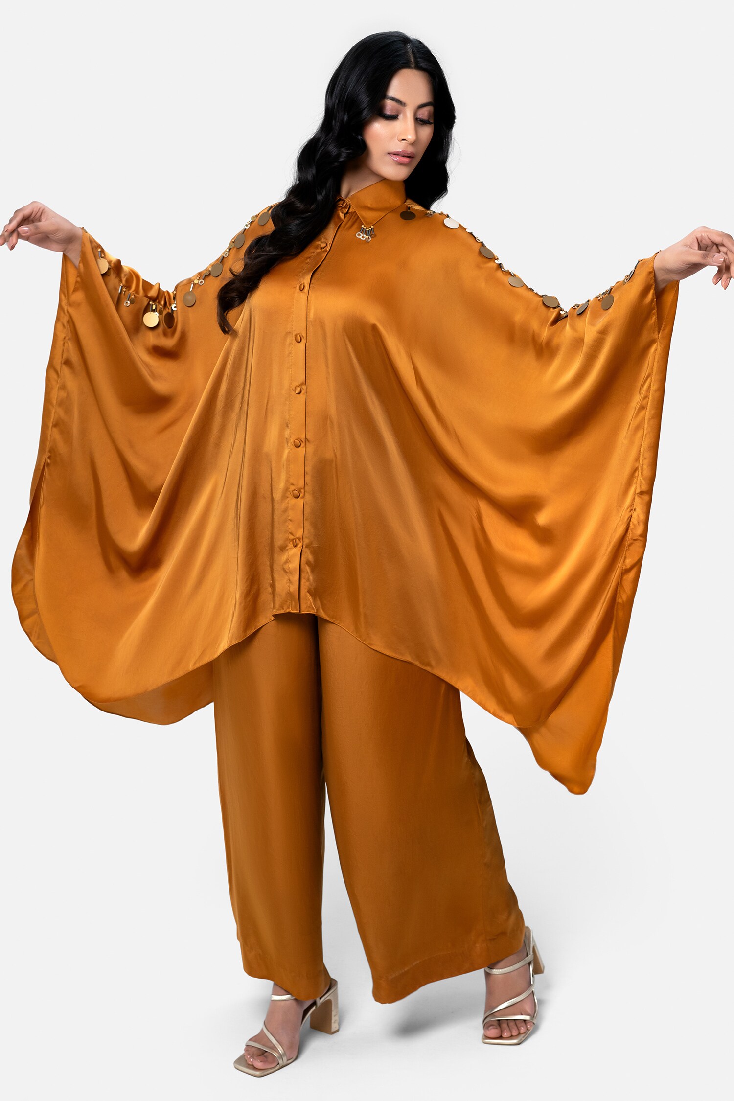 Buy Orange Imported Satin Placement Embroidery Patra Coin Work Kaftan ...