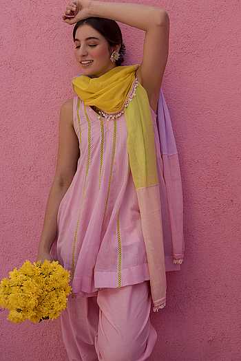 Buy Pink Cotton Kota Embroidery Lace Round Neck Kalidar Short Kurta ...