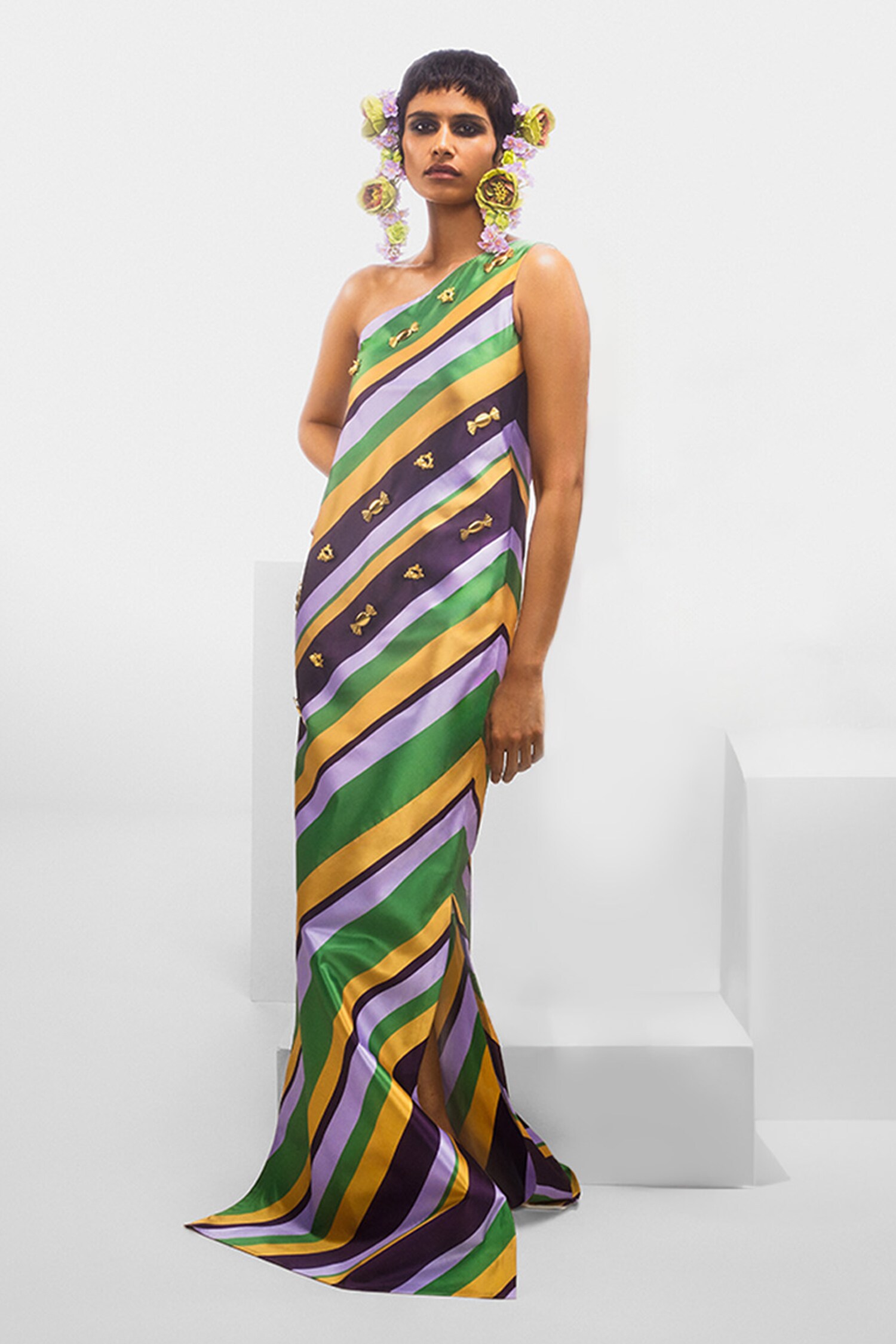 Buy Multi Color Satin Taffeta Print Gold Plated The Taffy Candy Stripe ...