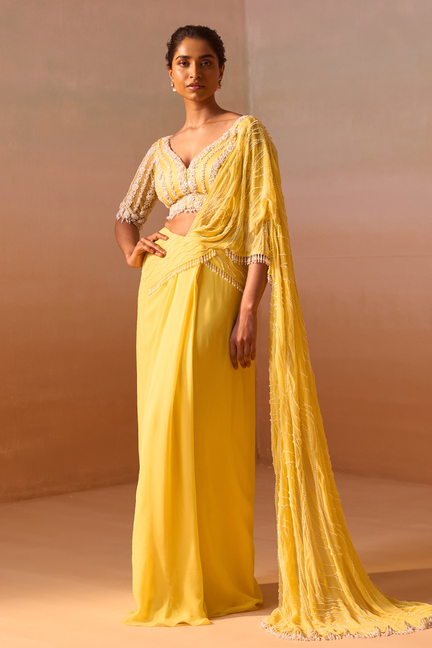 Buy Yellow Georgette Embroidery Pearl Ray Embellished Pre-draped Saree ...