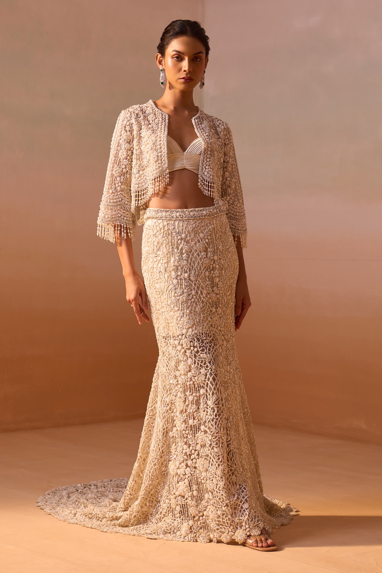 Buy Ivory Satin Embroidered Pearl Jacket Crystal Embellished Fish Tail ...