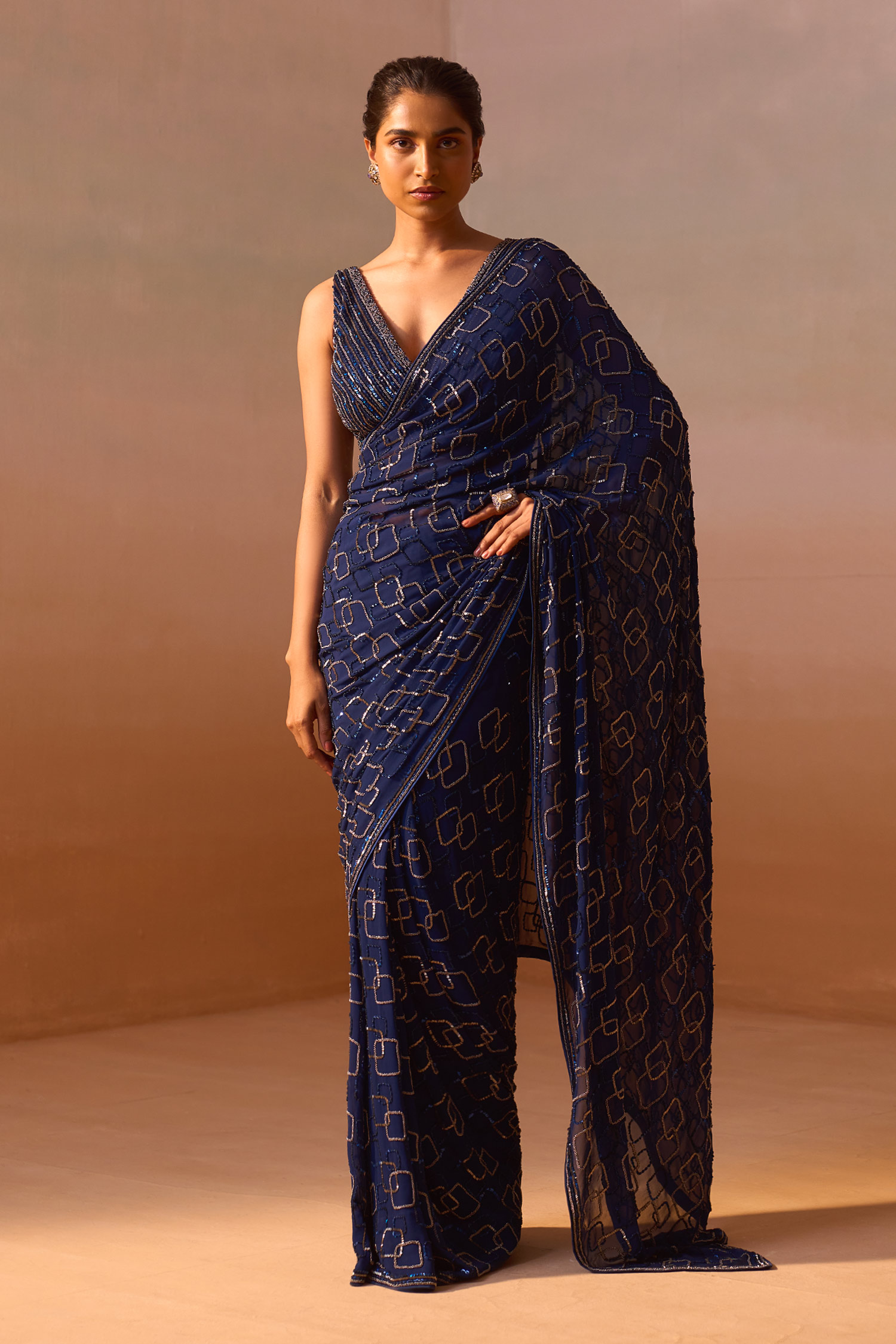 Buy Blue Georgette Embroidered Sequin V Neck Geometric Saree With ...