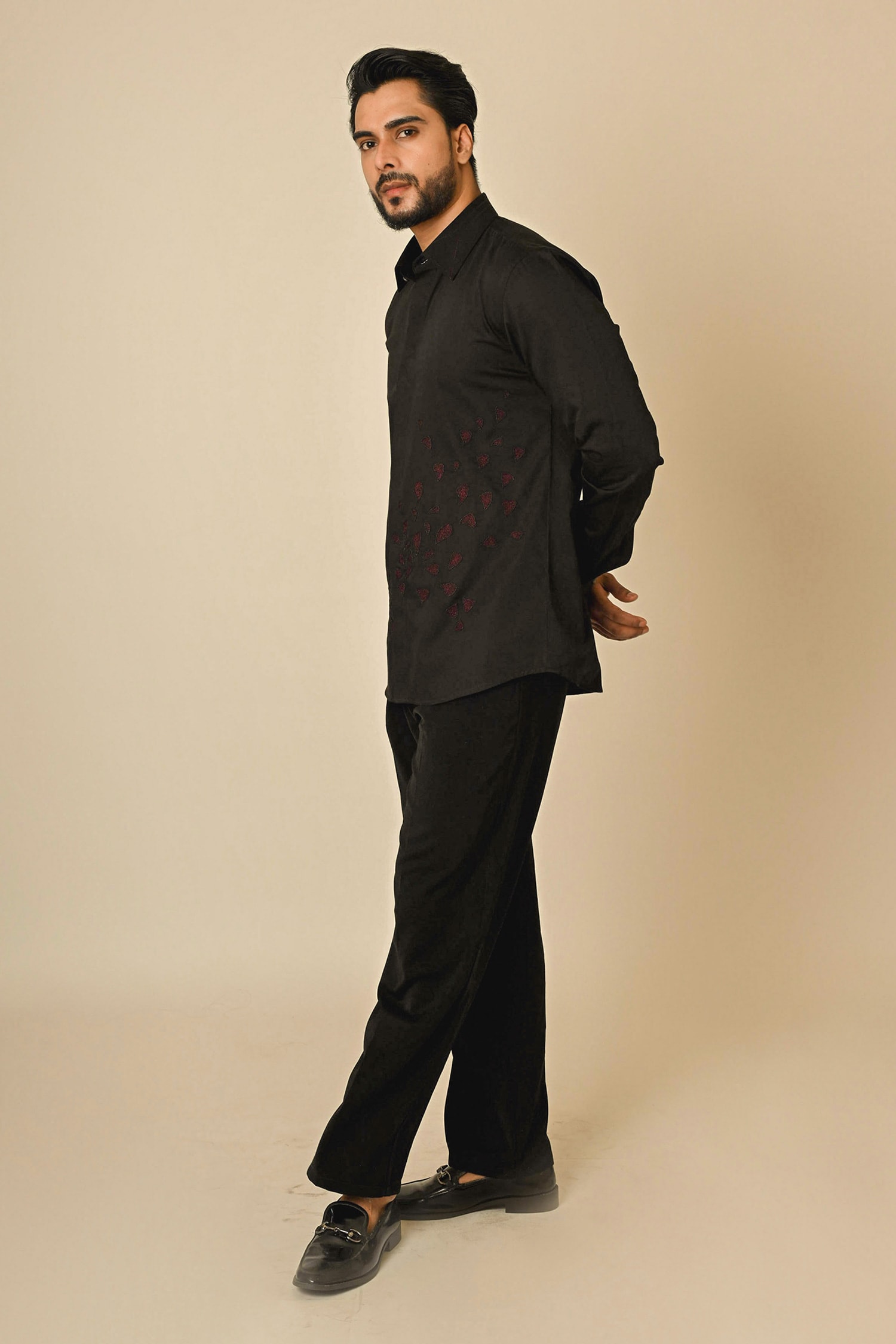 Buy Black Giza Cotton Embroidered Thread Escape Embellished Shirt For ...