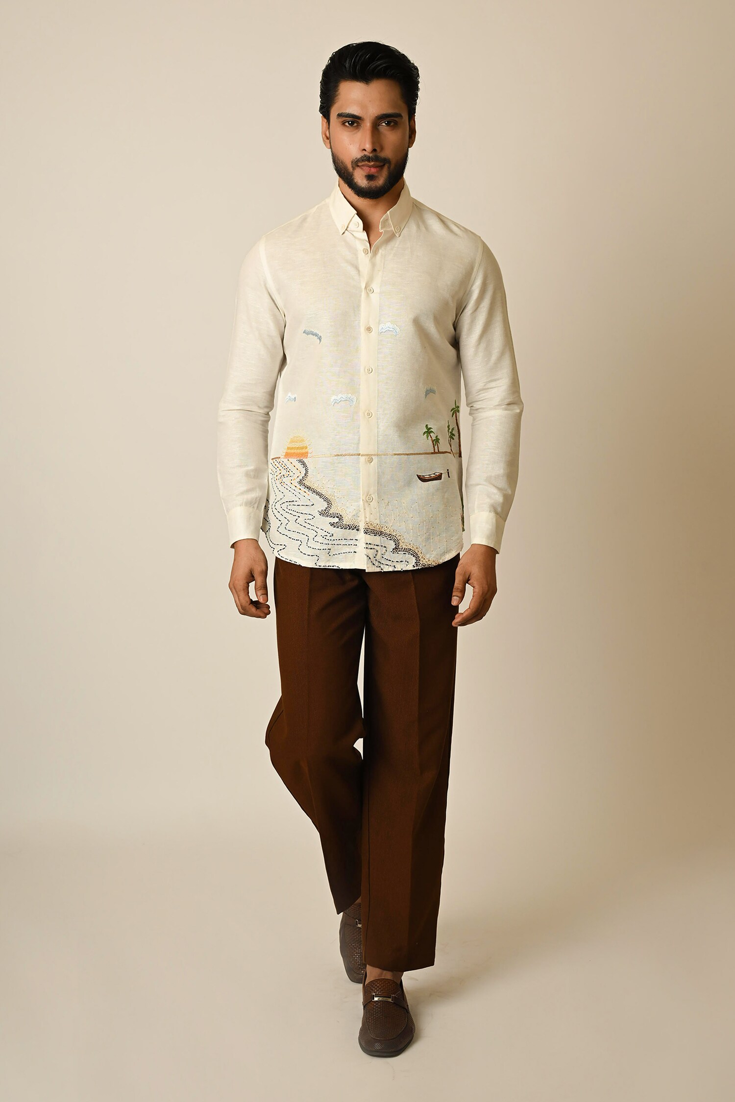 Buy Off White Pure Linen Embroidered Thread Sunset Shirt For Men by ...