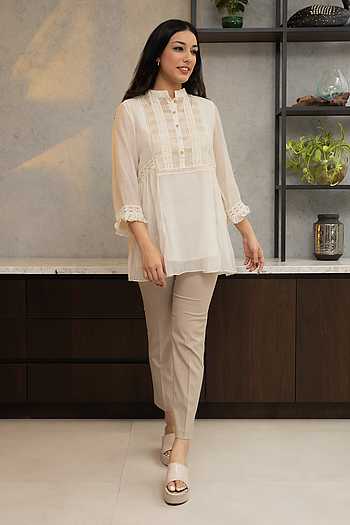 Buy Off White Tunic Chanderi Embellished Lace Mandarin Nora Fleur With ...