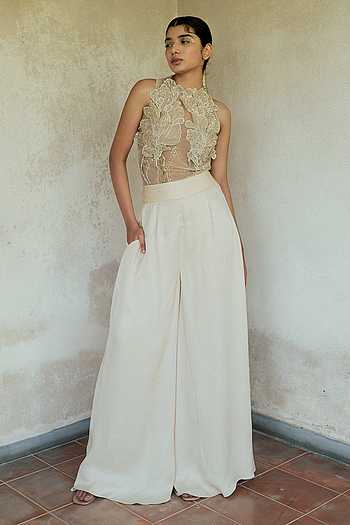Buy White Organza Embellished Applique Round Naoura Sheer Top With ...