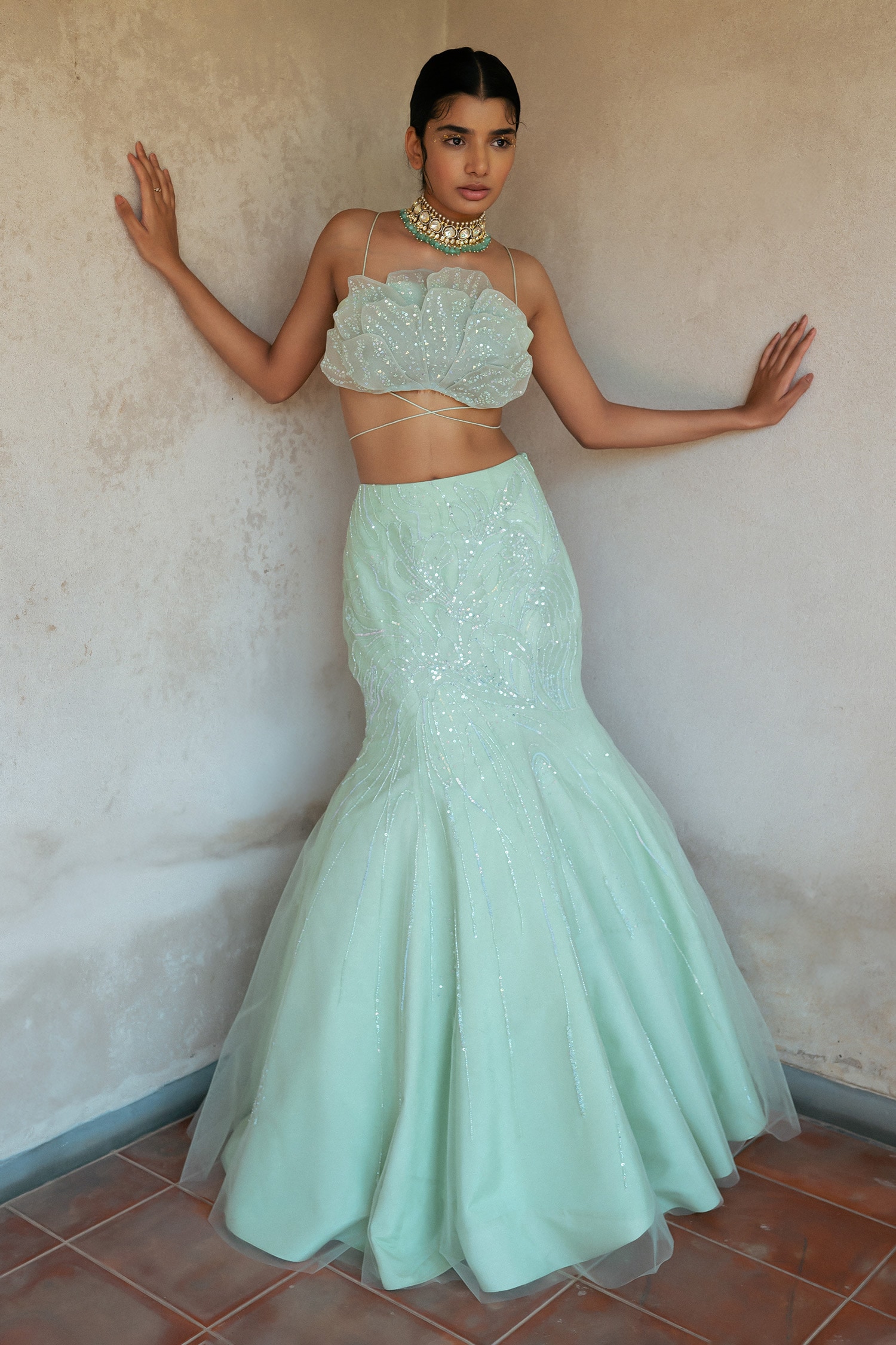 Buy Green Organza Embellished Applique Wishper Mermaid Lehenga With ...