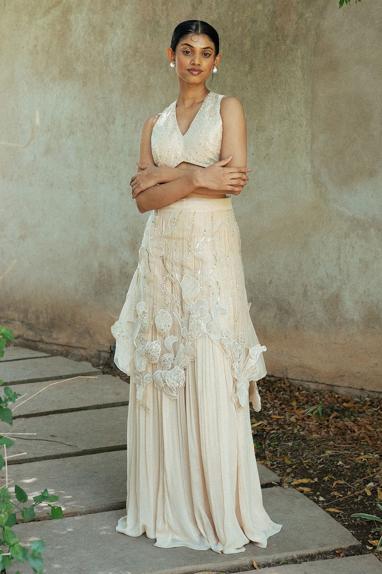 Buy Beige Georgette Embellished Applique V-neck Cut-out Upper Skirt ...