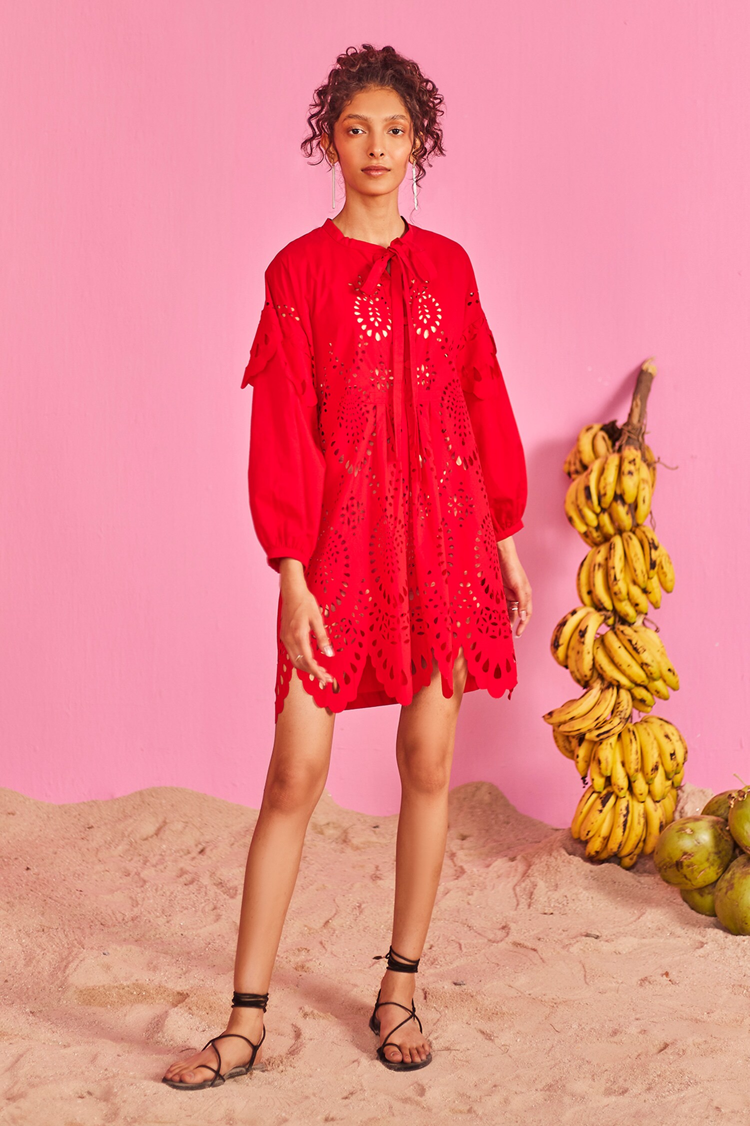 Buy Red Cotton Laser Cutwork Geometric Tie-up Collar Cut Dress For ...