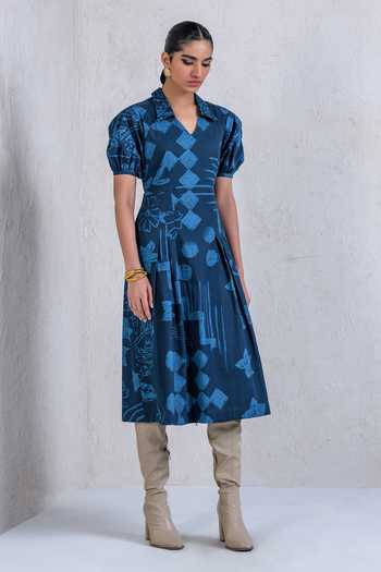 Buy Blue Cotton Denim Twill Printed Mega Montera Collar Dress For Women ...