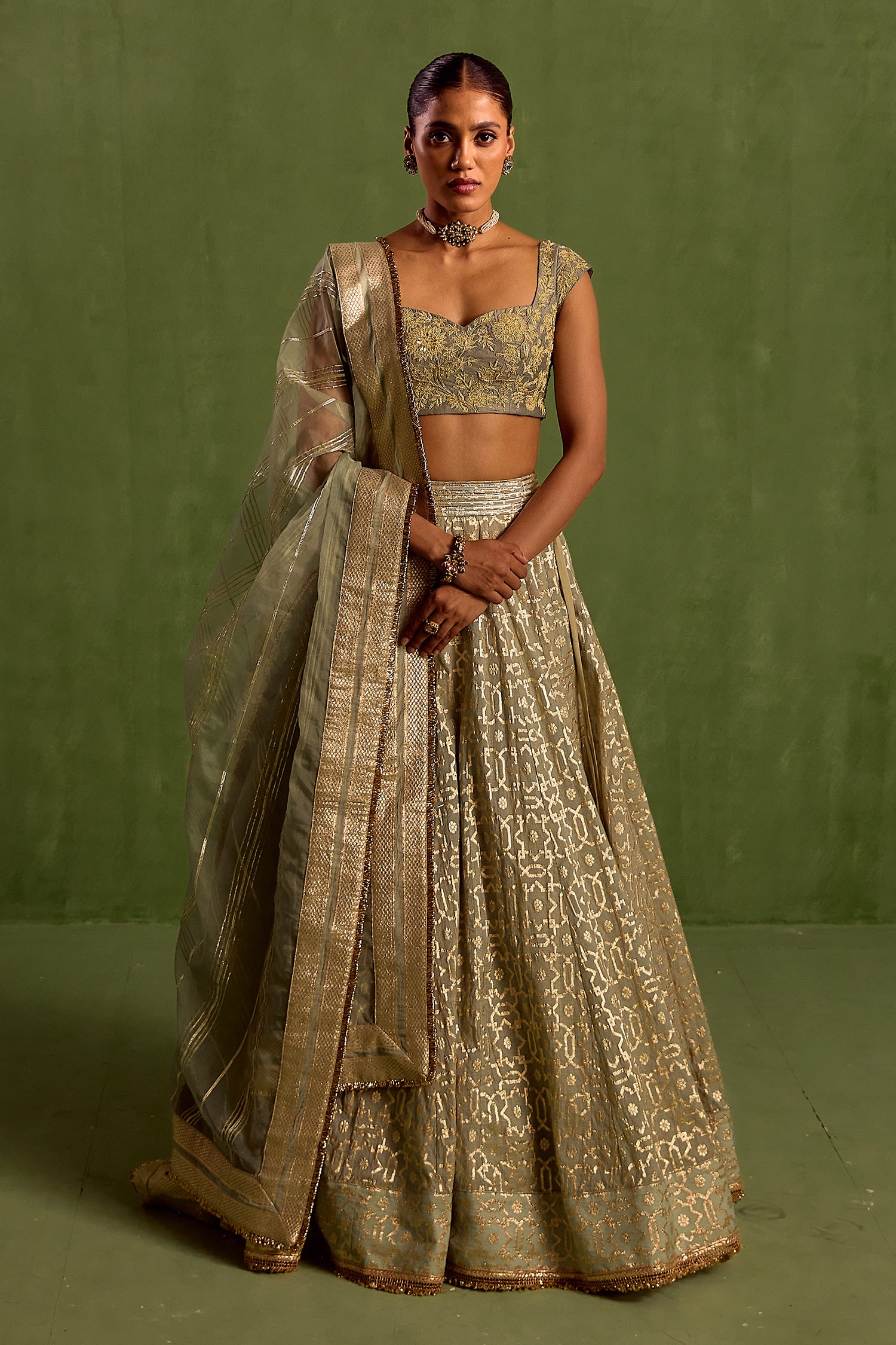 Buy Green Banarasi Chanderi Woven Geometric Sweetheart Jaal Lehenga Set ...