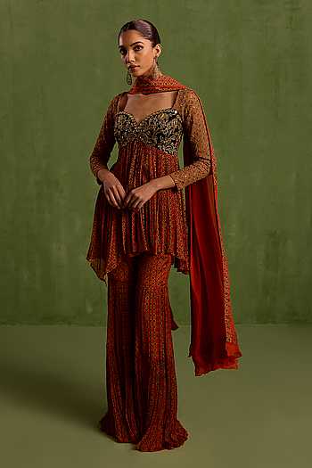 Buy Orange Viscose Chinon Print Hand Embroidered Yoke Asymmetric Kurta ...