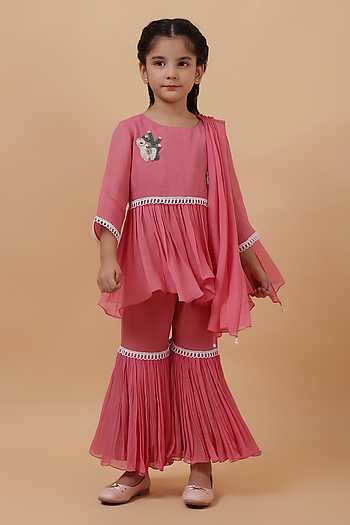 Buy Pink Georgette Embroidered Cutdana Lama Peplum Kurta Sharara Set ...