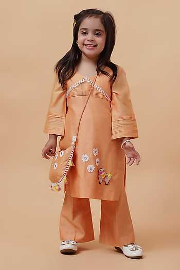 Buy Orange Chanderi Embroidered Cutdana Floral Lama Kurta With Pant For ...