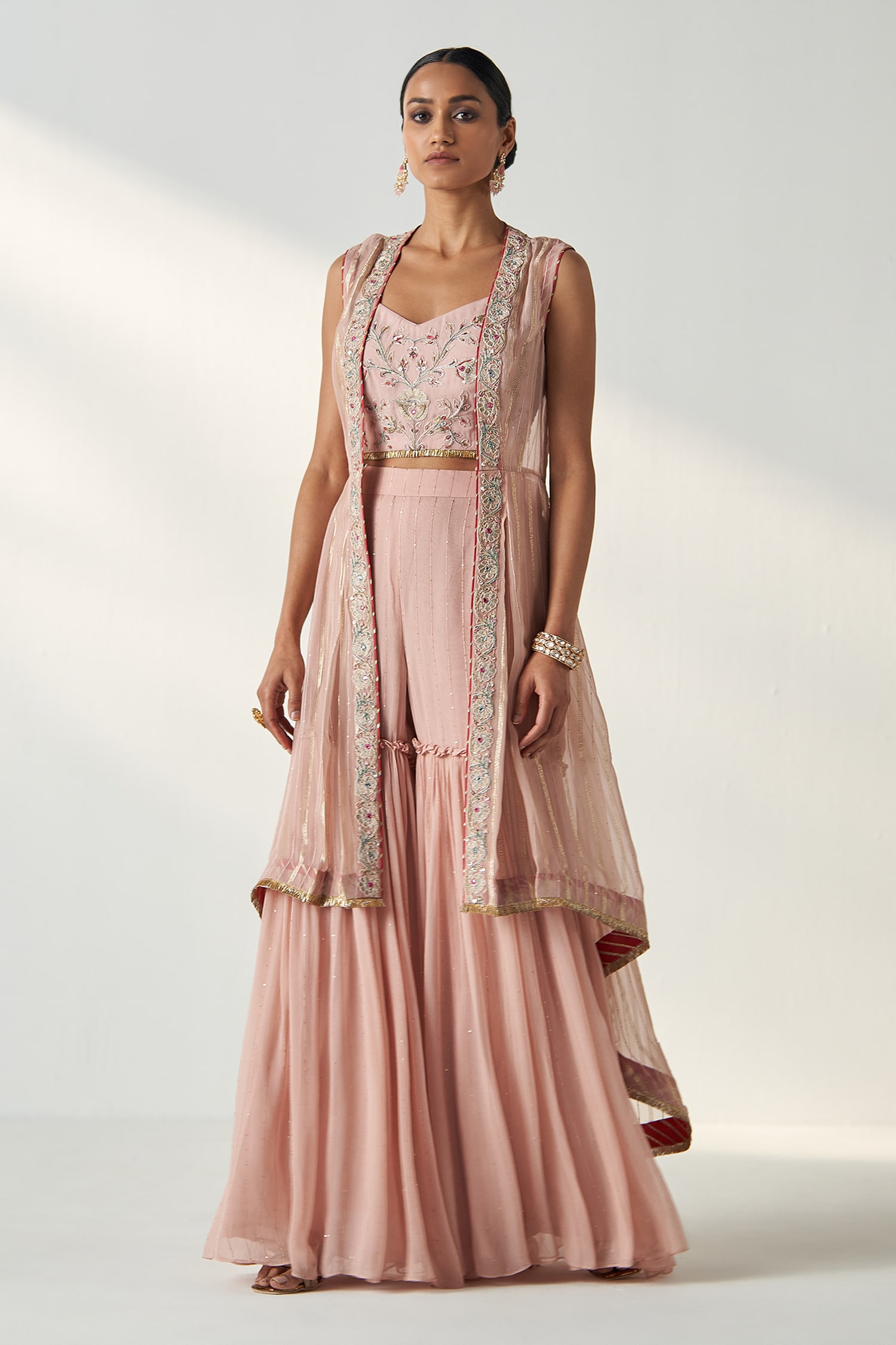 Buy Pink Georgette Embroidered Sequin Jacket Open High Low Cape Gharara ...