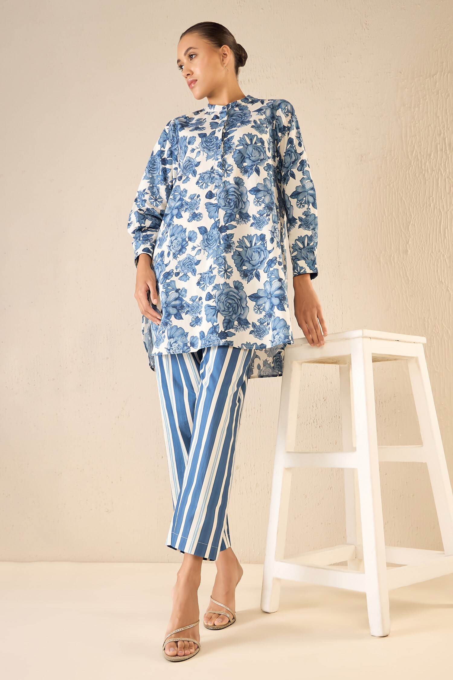 Buy Blue Cotton Printed Floral Chinese Collar Blossom Tunic And Striped ...