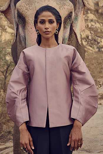 Buy Pink Tafetta Silk Solid Round Exaggerated Sleeve Jacket For Women ...