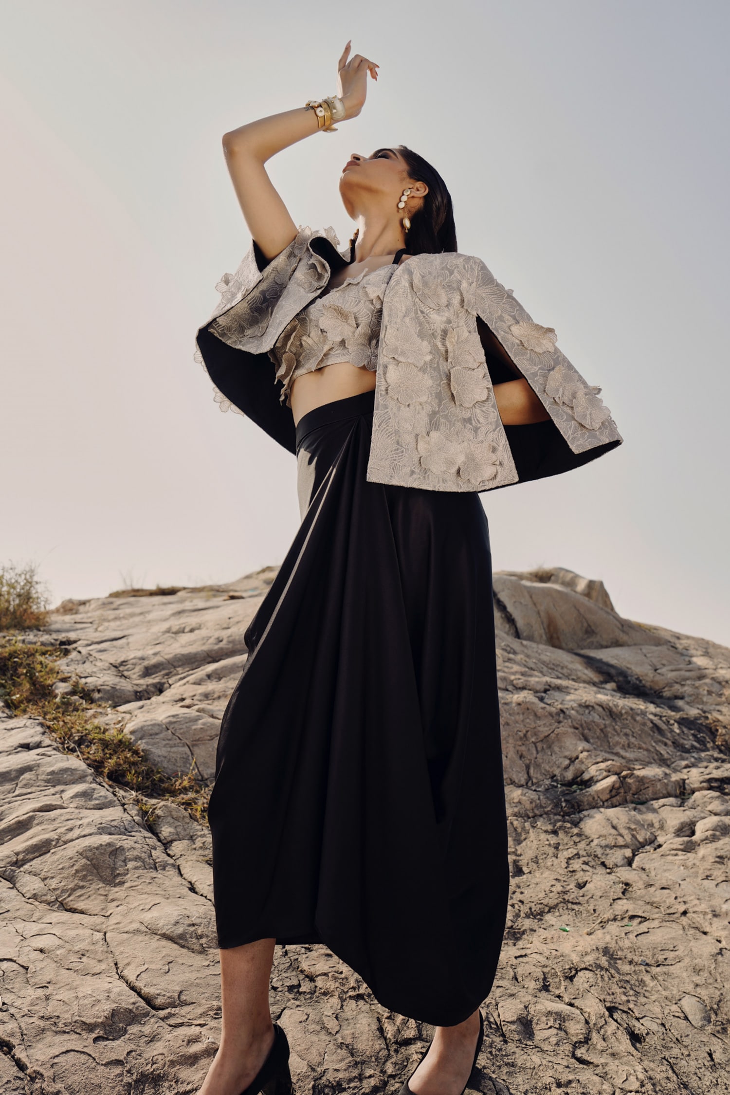 Buy Silver Tissue Floral Cape Open Neck And Skirt Set For Women by ...