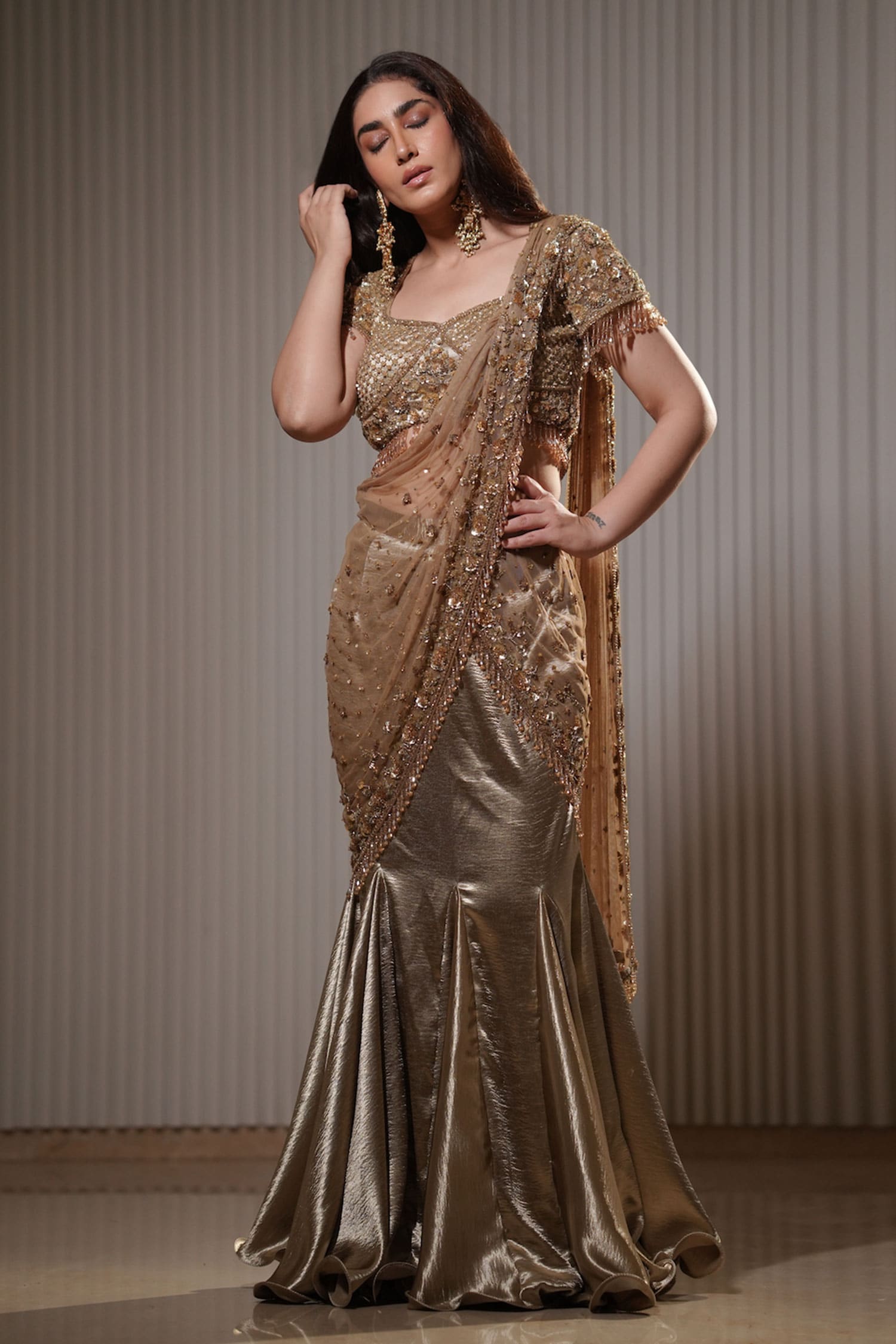 Buy Gold Lido Satin Embroidery Sequin Queen Cosmic Pre-draped Saree ...
