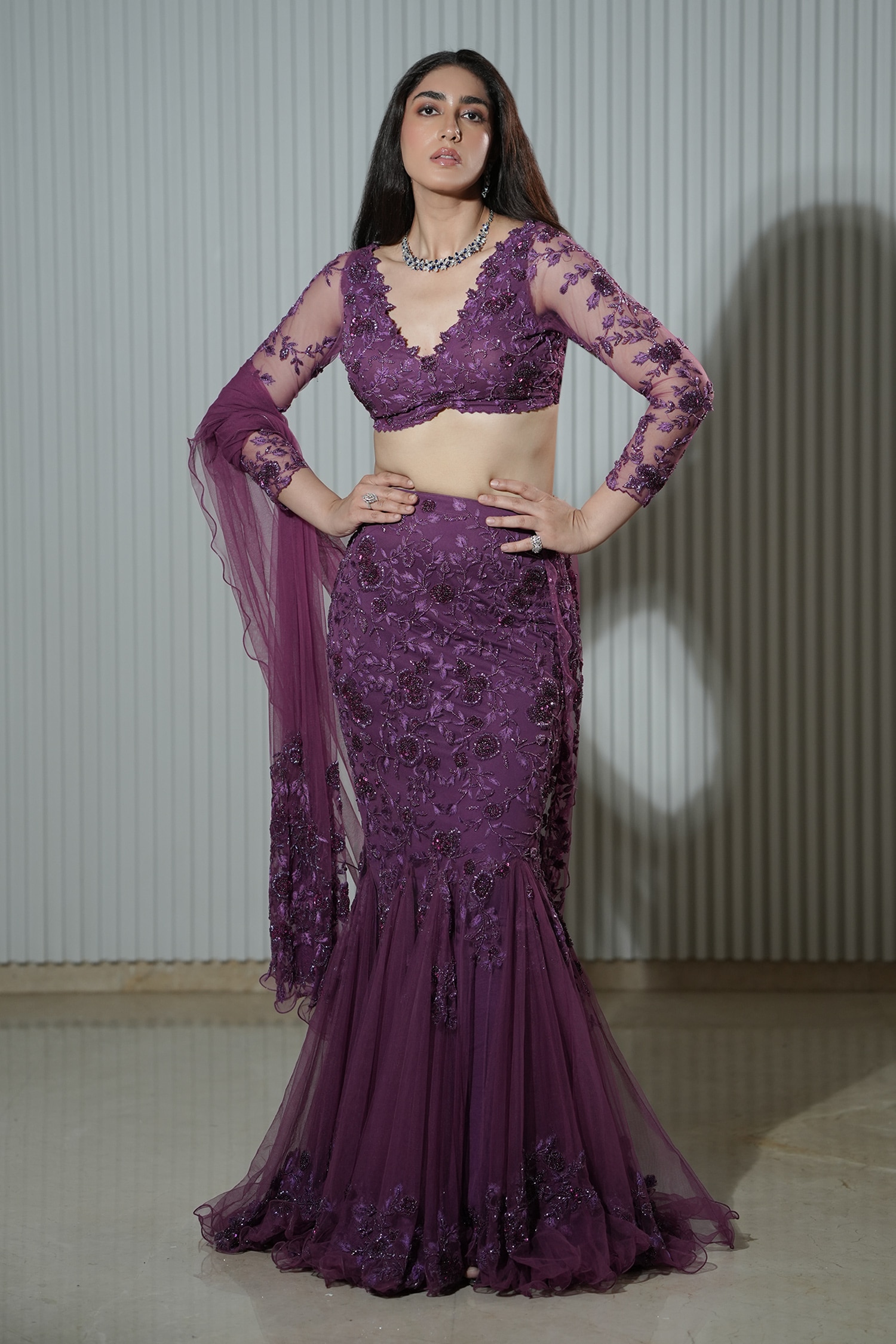 Buy Purple Net Embroidery Thread V Neck Ivy Bloom Mermaid Lehenga Set ...