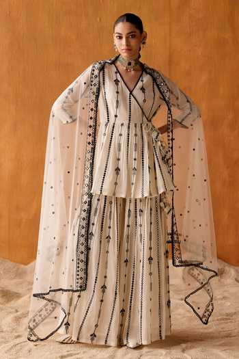 Buy Black Peplum Angarkha Kurta And Sharara Stellar Vine & Mirror Work ...