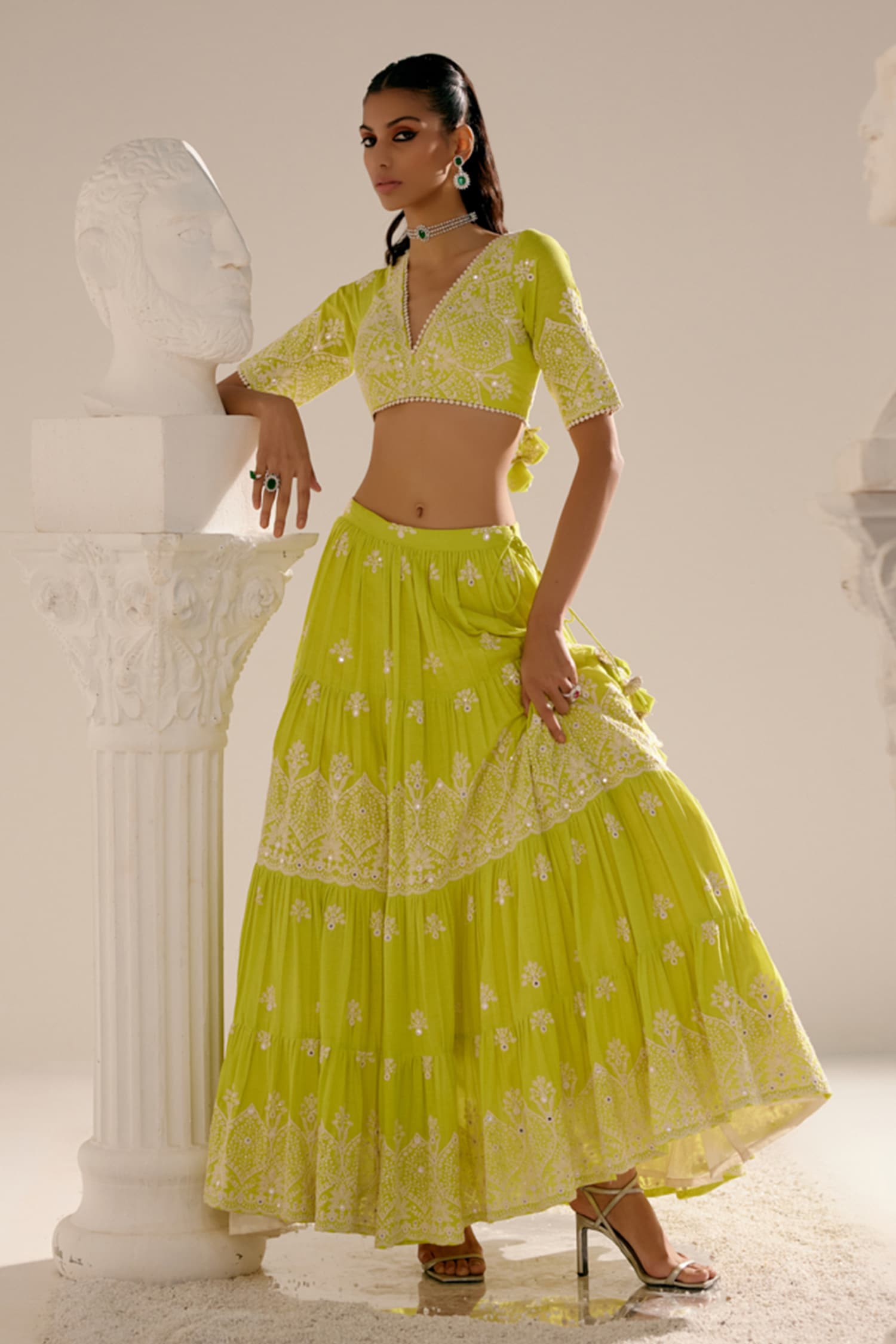 Buy Green Lehenga And Blouse Cotton Mulmul Embroidered Mirror V Neck ...