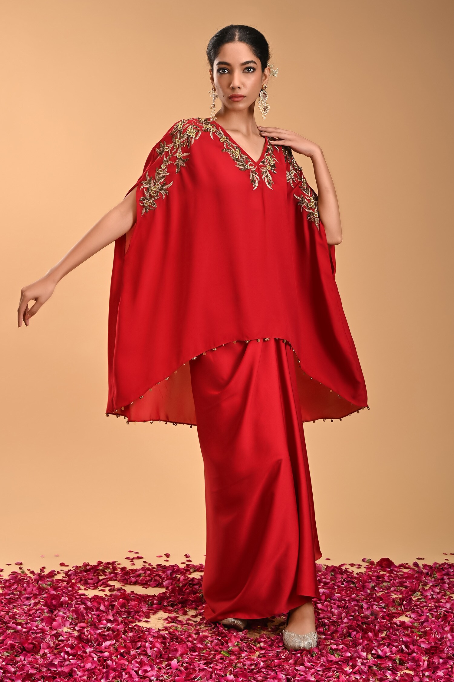 Buy Red Marina Silk Embroidered Floral V Neck Mushti Tunic And Draped ...