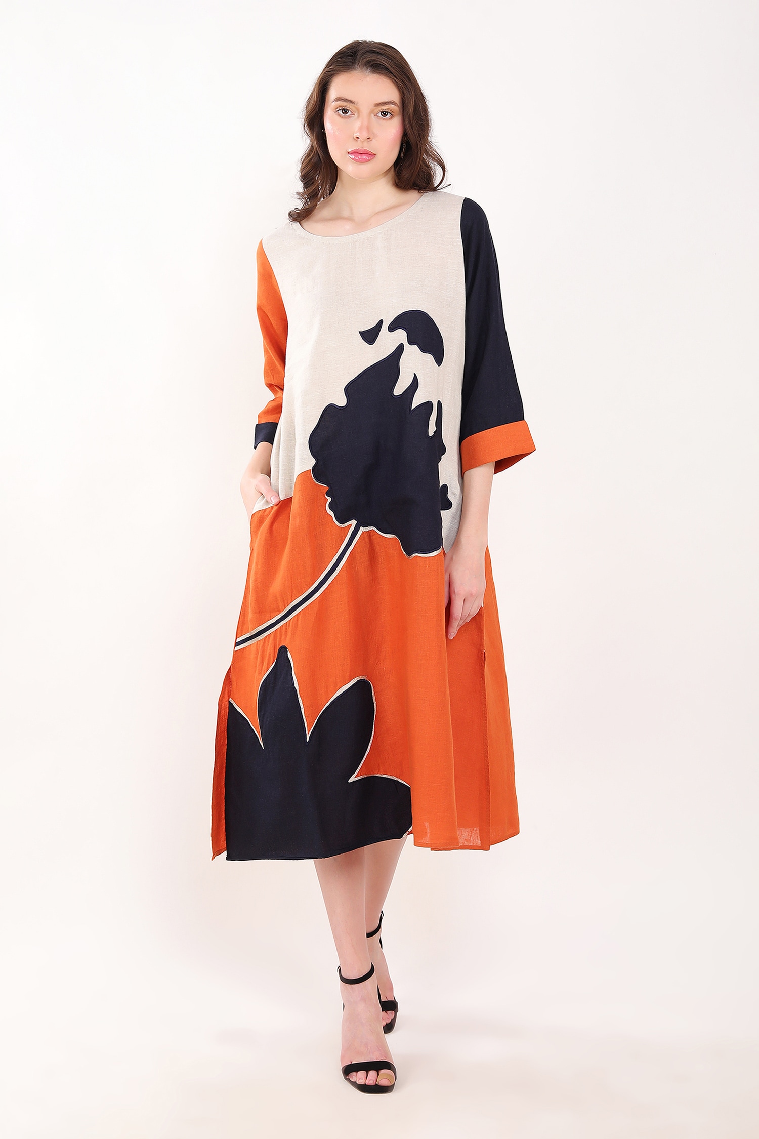 Buy Orange 100% Linen Embroidery Thread Round Neck Flower Dress For ...