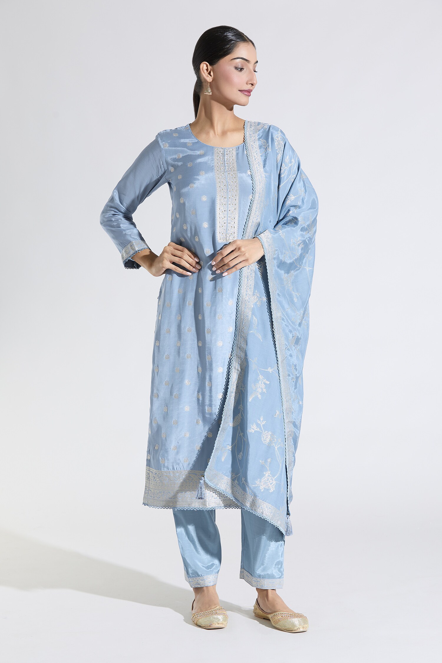 Buy Blue Kurta Muslin Woven Flower Butti Round Straight Floret Pattern ...