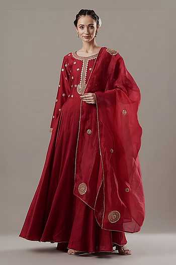 Buy Red Bamber Silk And Organza Gota Patti Flower Bodice Anarkali With ...