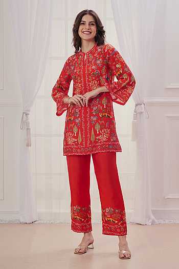 Buy Red Silk Linen Blend Hand Embroidered Safari Notched Neck Kurta And ...