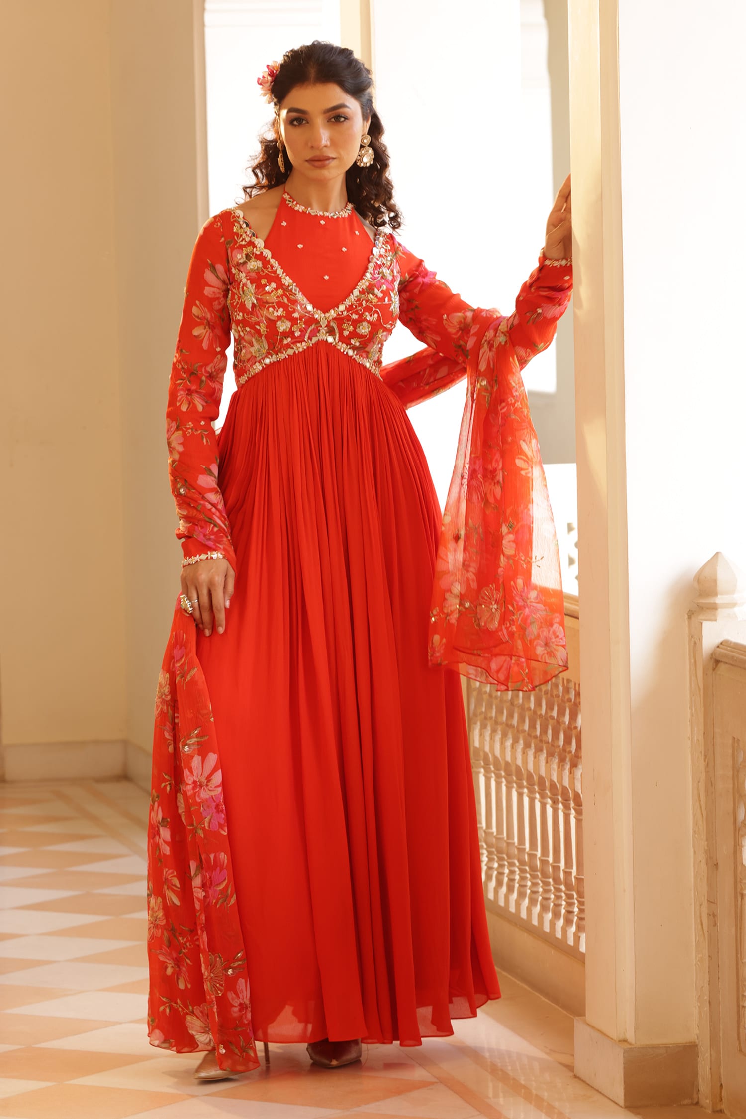 Buy Orange Chiffon Printed Floral V-neck Hand Embroidered Anarkali With ...