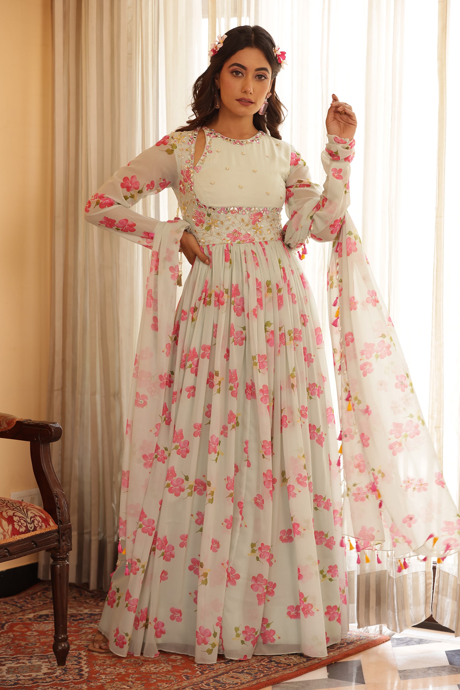 Buy Green Anarkali Chiffon Printed Floral Round Neck Flower With ...