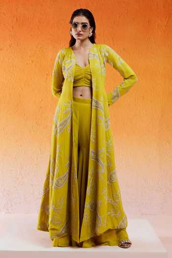 Buy Yellow Viscose Georgette Hand Embroidery Daisy Jacket With Sharara ...