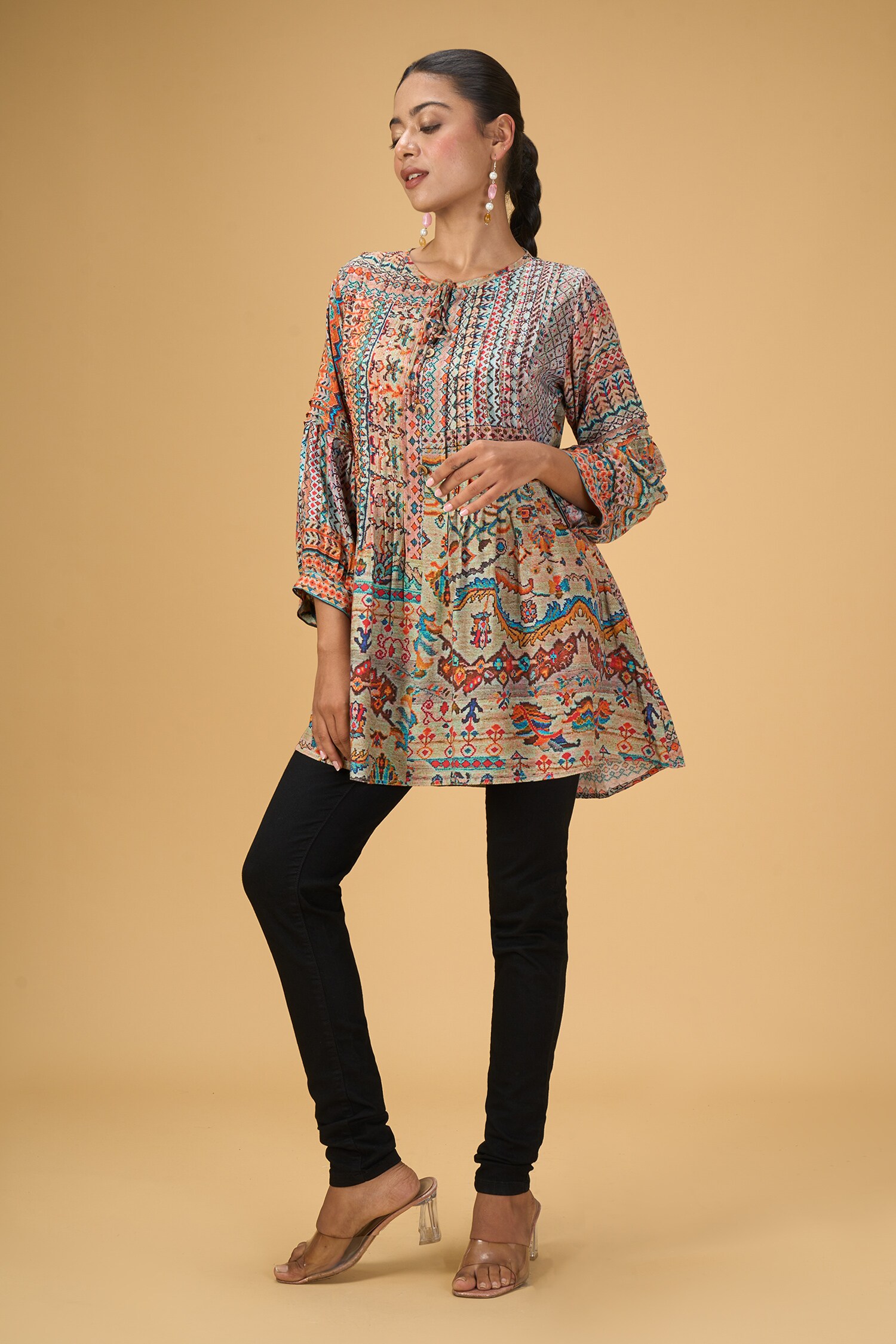 Buy Orange Muslin Geometric Round Kyna Pin Tuck Detailed Tunic For ...