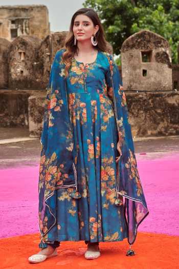 Buy Blue Anarkali Muslin Printed Flower Notched Set For Women by KARAJ ...