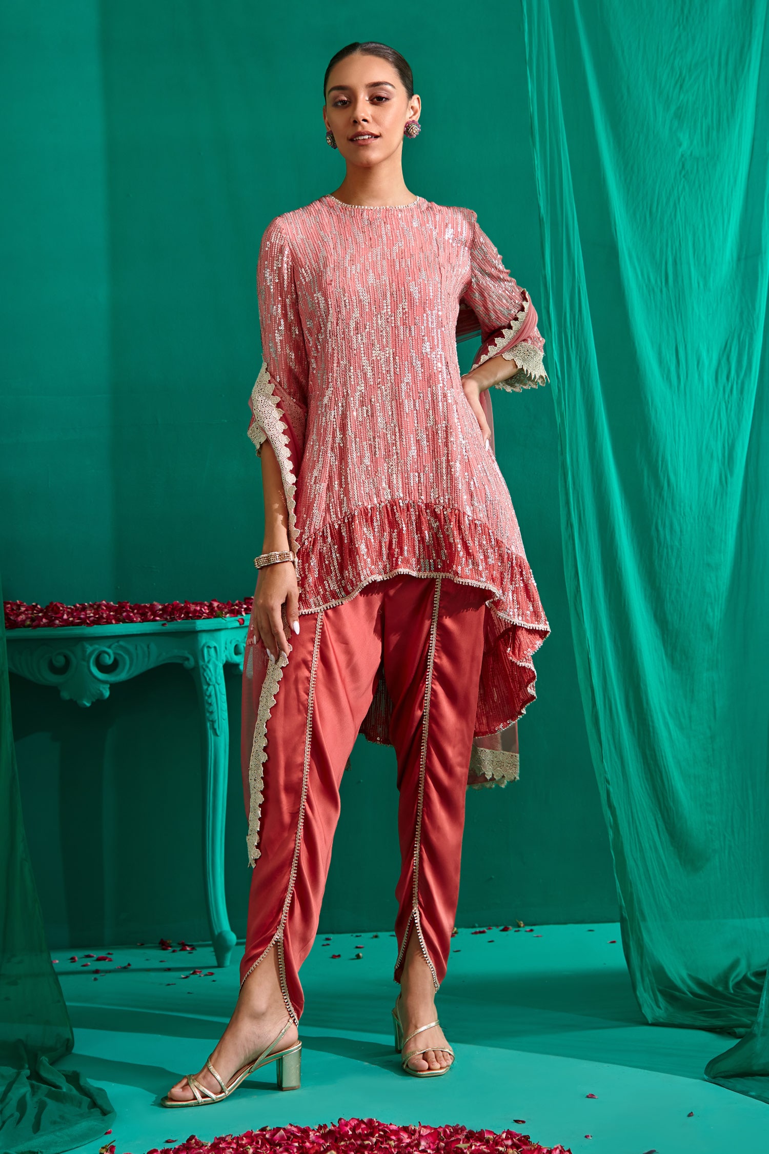 Buy Pink Kurta Georgette Embroidery Sequin Round Abstract Work Tulip Pant Set For Women by ...
