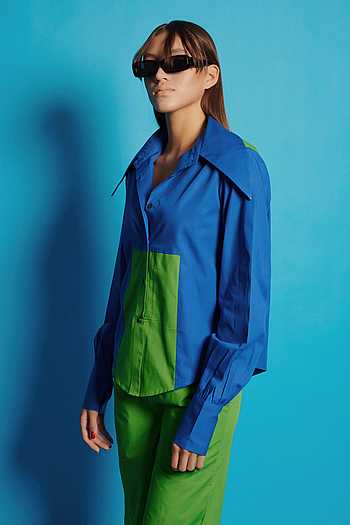 Buy Blue Poplin Colour Blocking Collar Rectangular Shirt For Women by ...