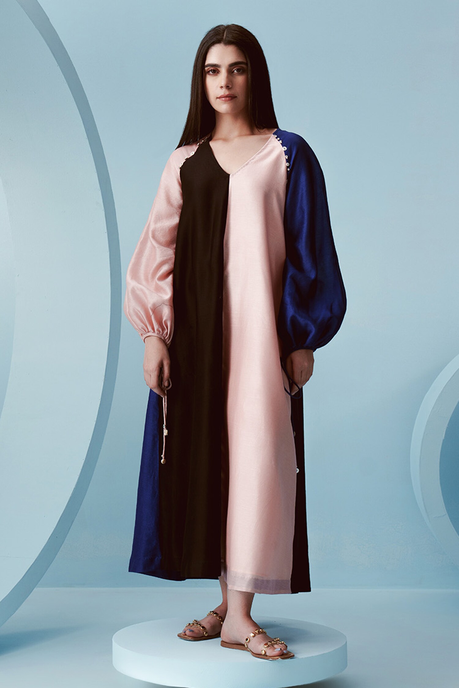 Buy Multi Color Chanderi Colorblocked V Neck Kai Midi Dress For Women ...