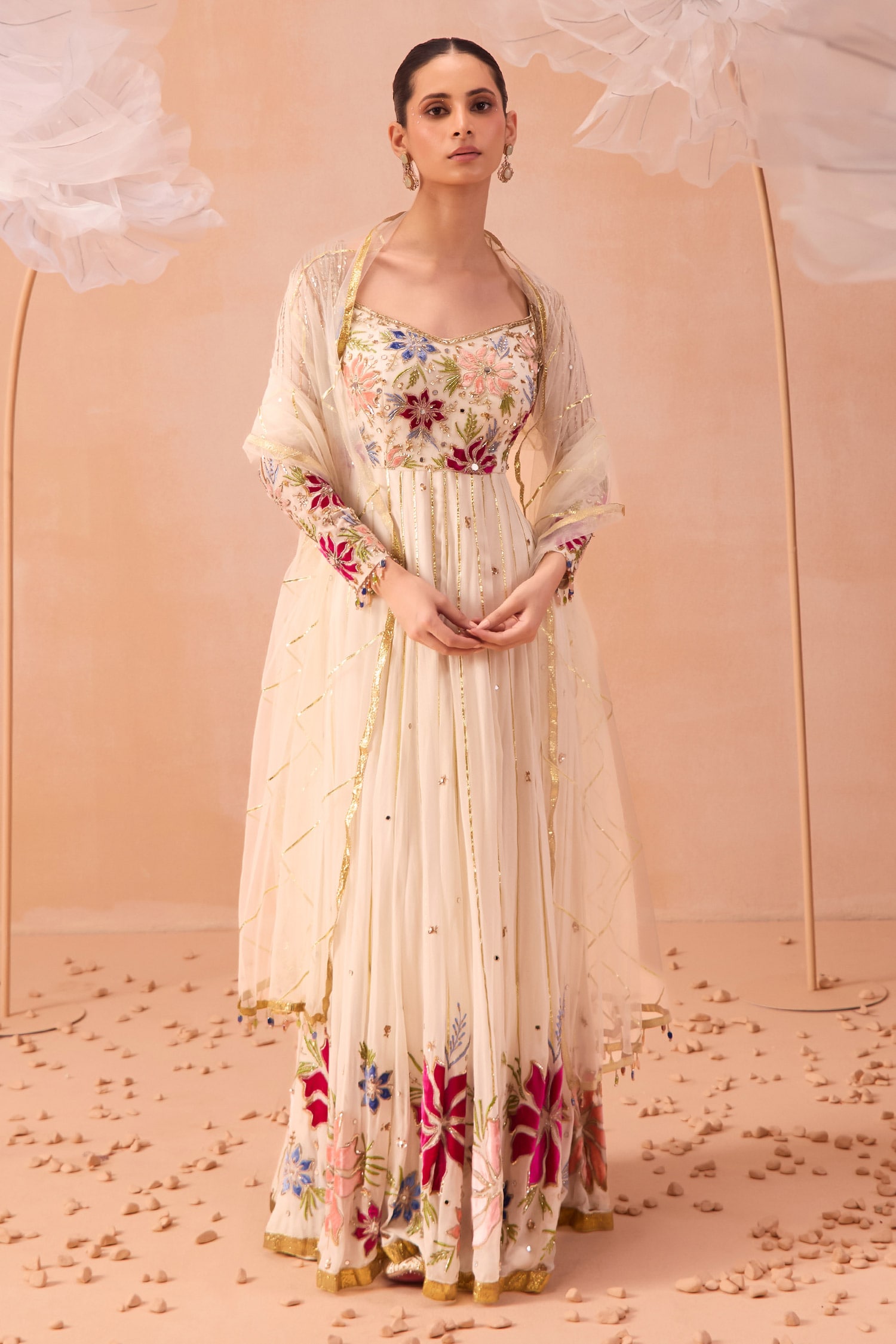 Buy Off White Shimmer Silk Organza Hand Embroidered Bagh Anarkali With ...