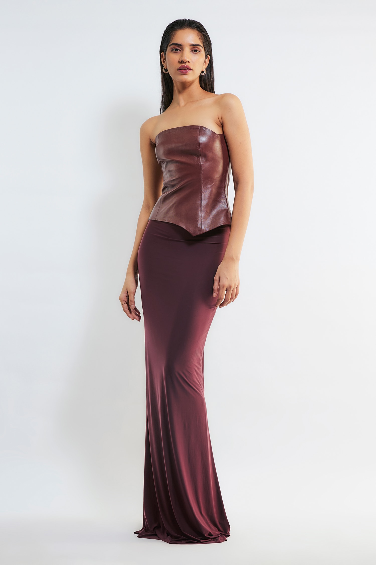 Buy Red Leather Plain Straight Neck Linnea Corset Top And Skirt Set For ...