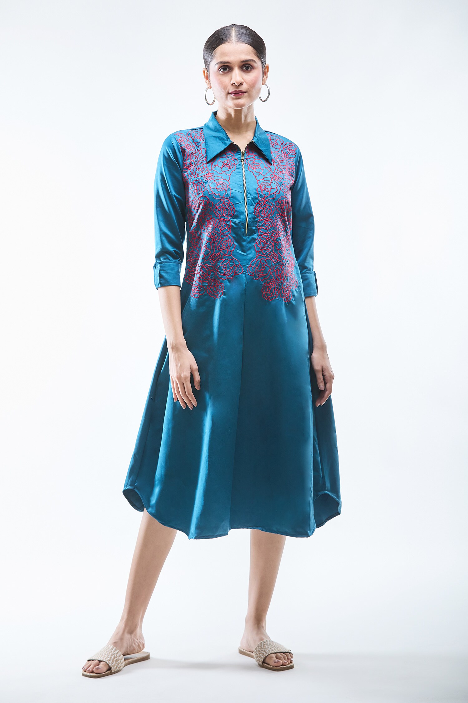 Buy Blue Cotton Embroidery Roses Collar Neck Dress For Women by ...