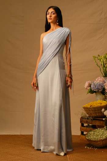 Buy Blue Modal Satin One Shoulder Zuri Ruched Dress For Women by Aroka ...