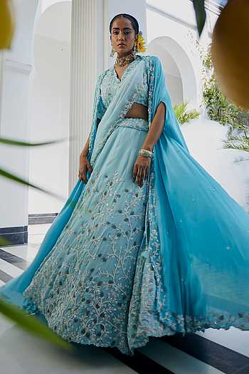 Buy Blue Couture Satin Embroidery Iris Fleur V Neck Cape Lehenga Set ...