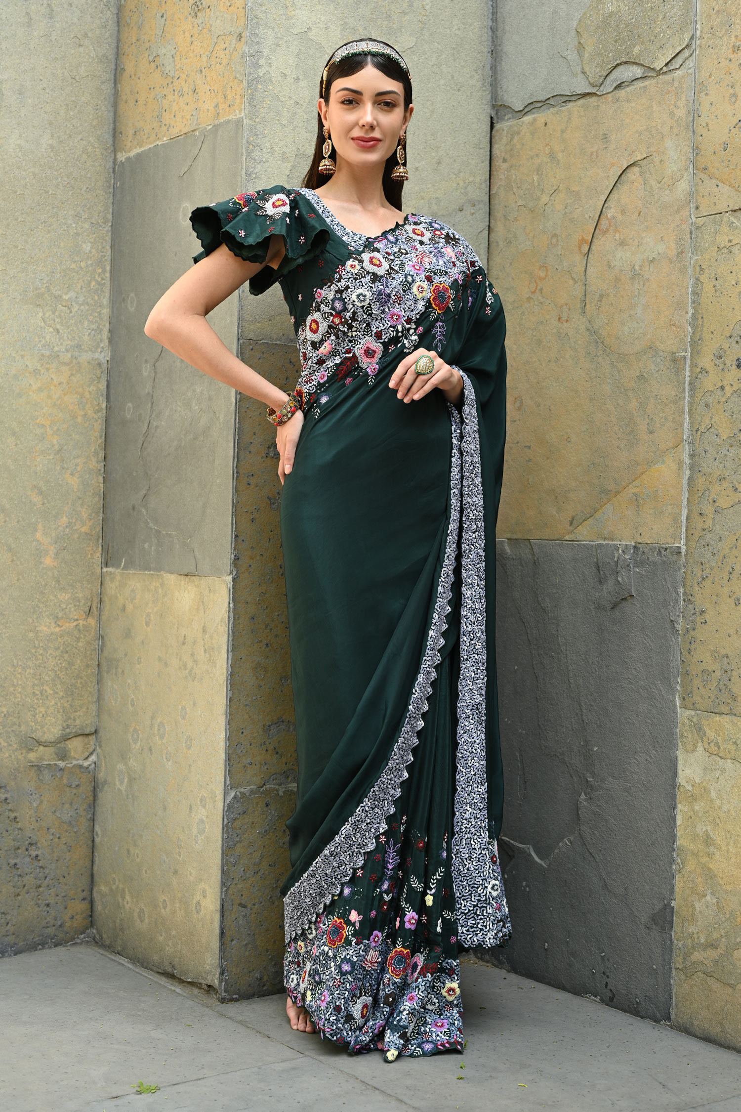 Buy Green Couture Silk Satin Embroidery Meadow Bloom V Neck Saree With Blouse For Women by Label ...