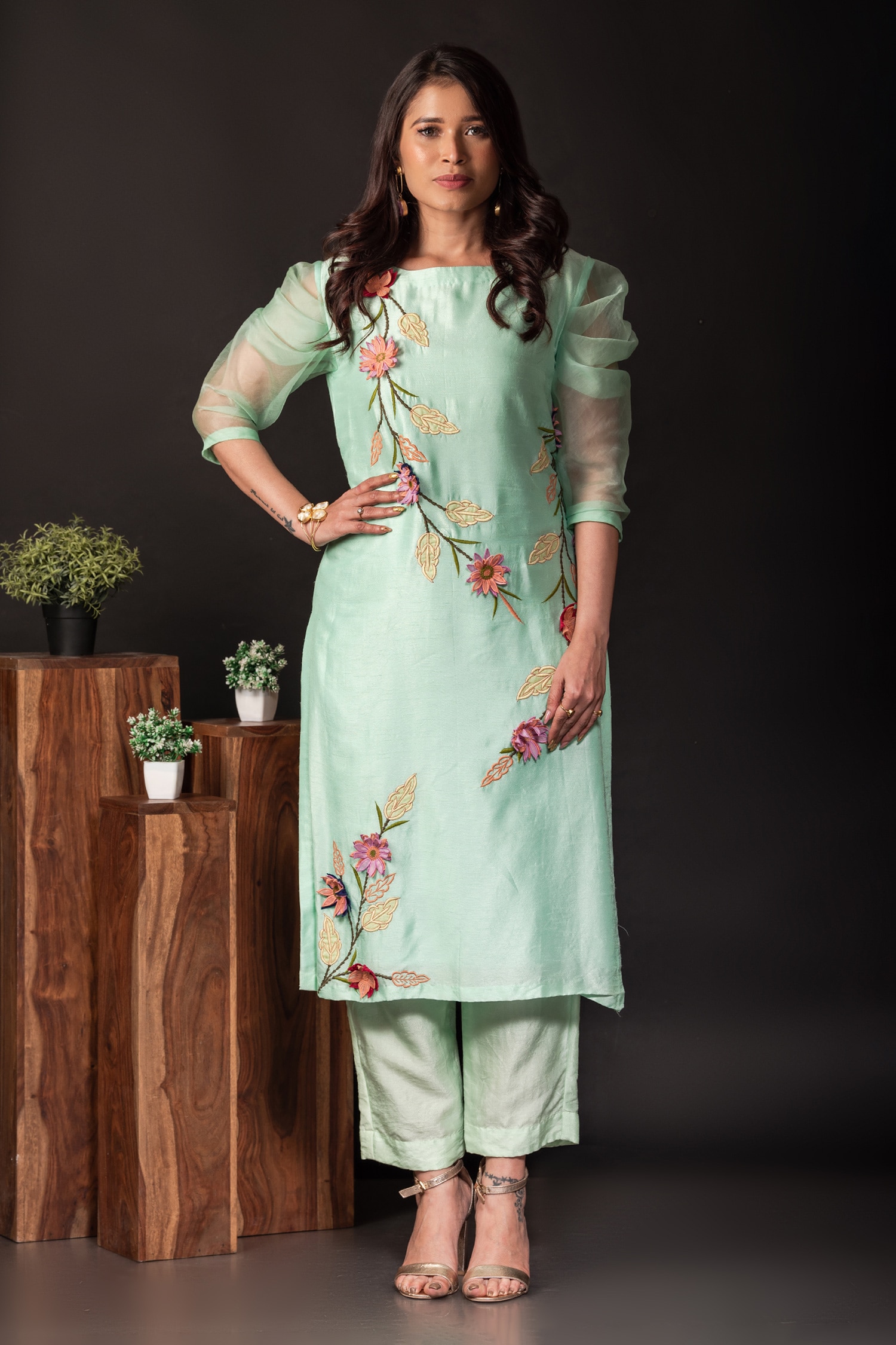 Buy Green Silk Embroidered Thread Boat Neck 3d Floral Kurta With Pant ...