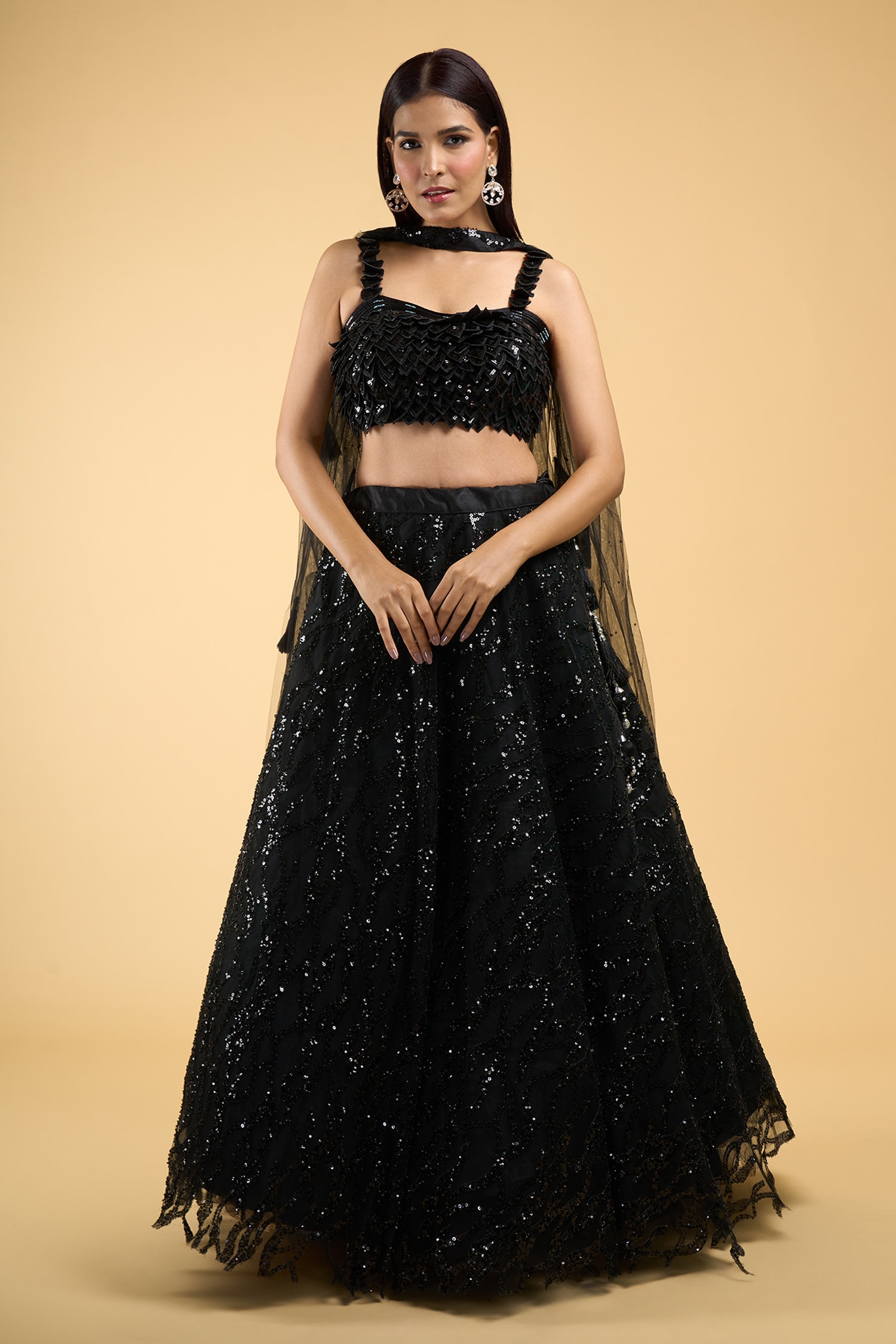 Buy Black Net Embroidery Sequin Sweetheart Neck Wave Lehenga Set For ...