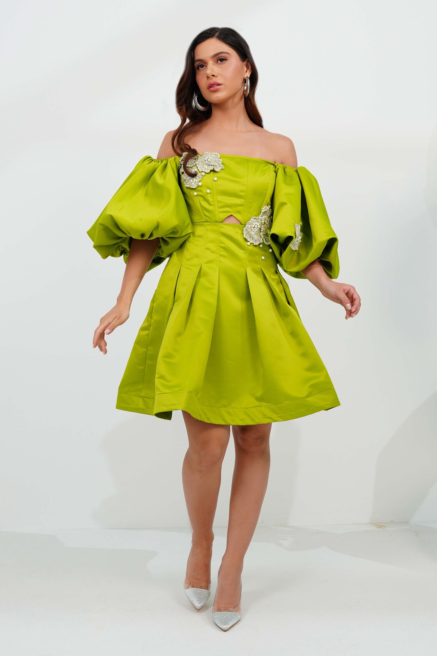 Buy Green Dutch Satin Embellished Petal Off Shoulder Gina Corset Dress ...