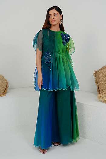 Buy Blue Silk Organza Embroidered Coral Nina Work Shaded Tunic And ...